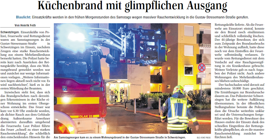 Freiwillige Feuerwehr Hockenheim – Küchenbrand mit glimpflichen Ausgang